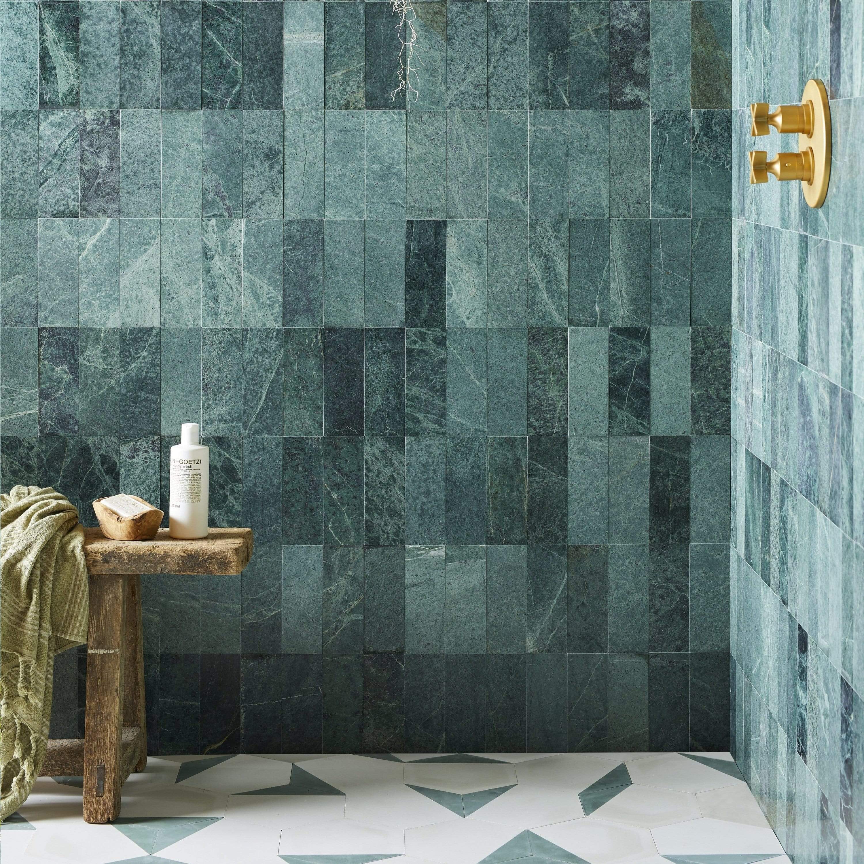 Green Herringbone Honed Marble Tile | Handmade | Bert & May